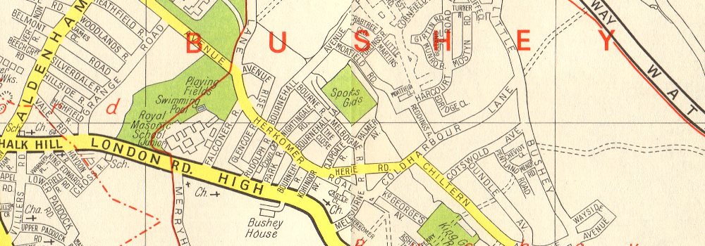 BUSHEY & WATFORD Borehamwood Stanmore Common. GEOGRAPHERS' A-Z 1964 old ...