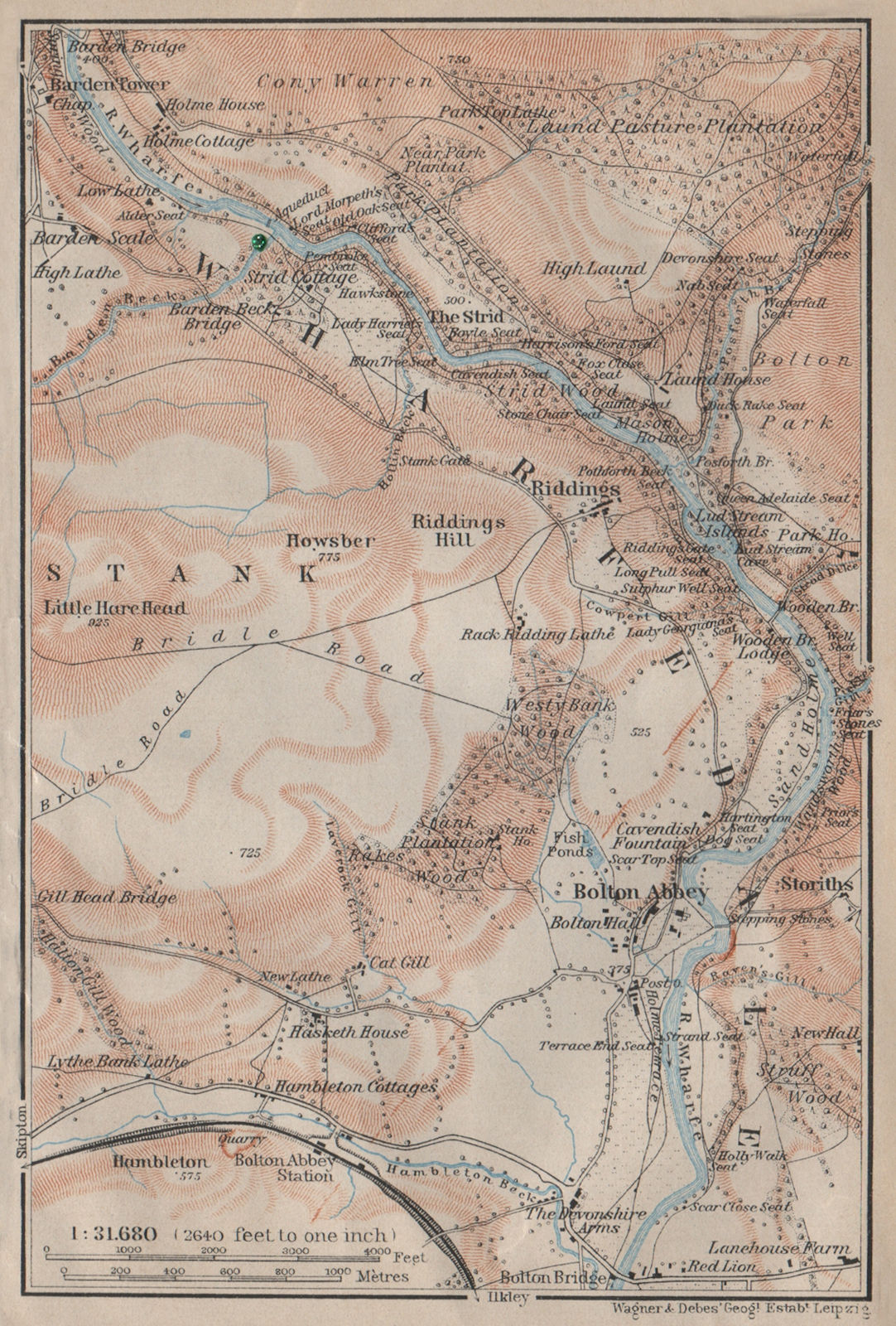 WHARFEDALE topo-map. Bolton Abbey. Yorkshire Dales. BAEDEKER 1906 old