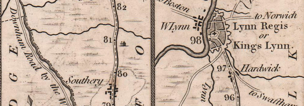 Littleport - Downham Market - King's Lynn road strip map PATERSON 1803 old