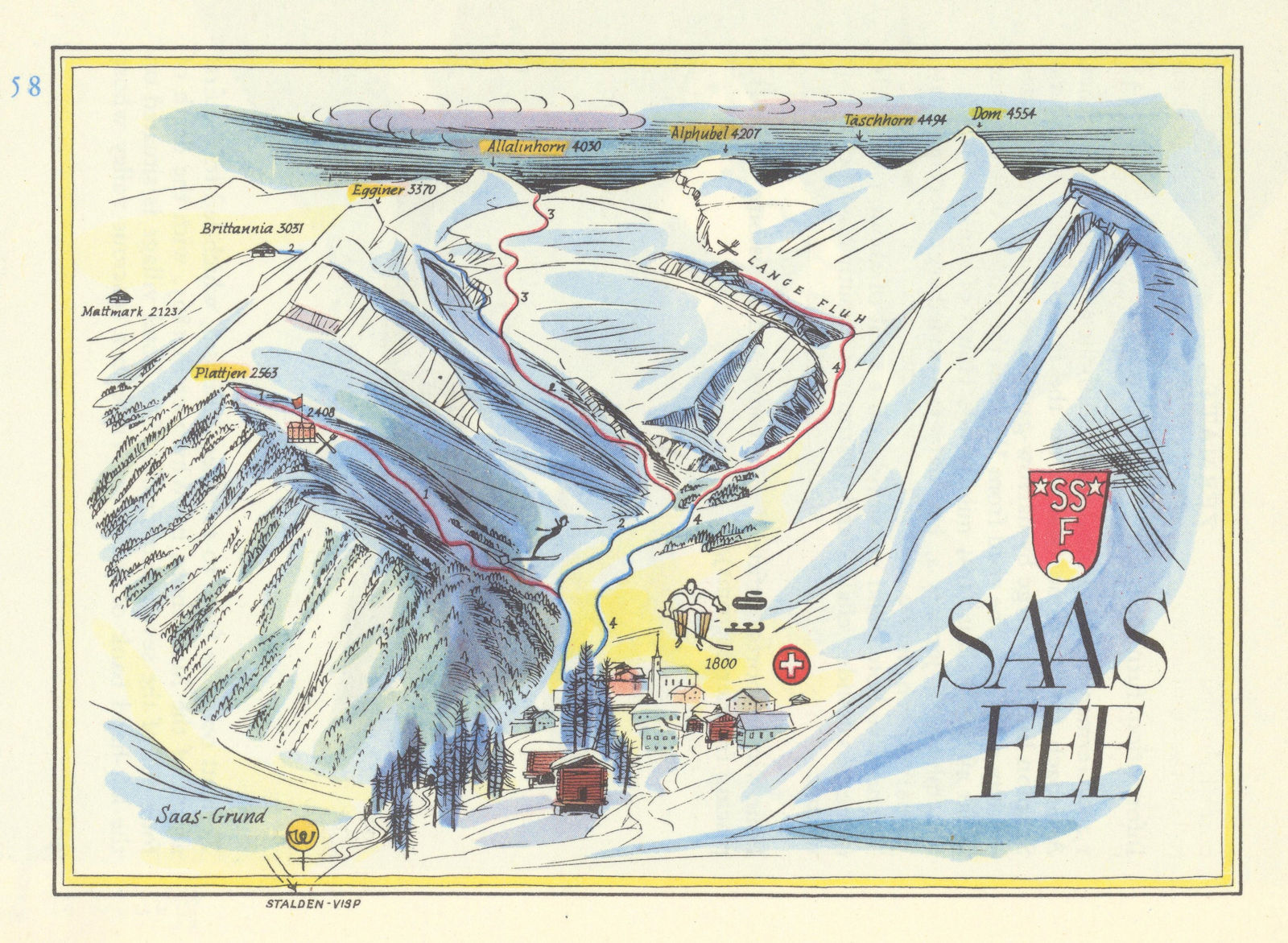 Saas Fee small ski resort piste/trail map by Otto Müller. Switzerland 1949