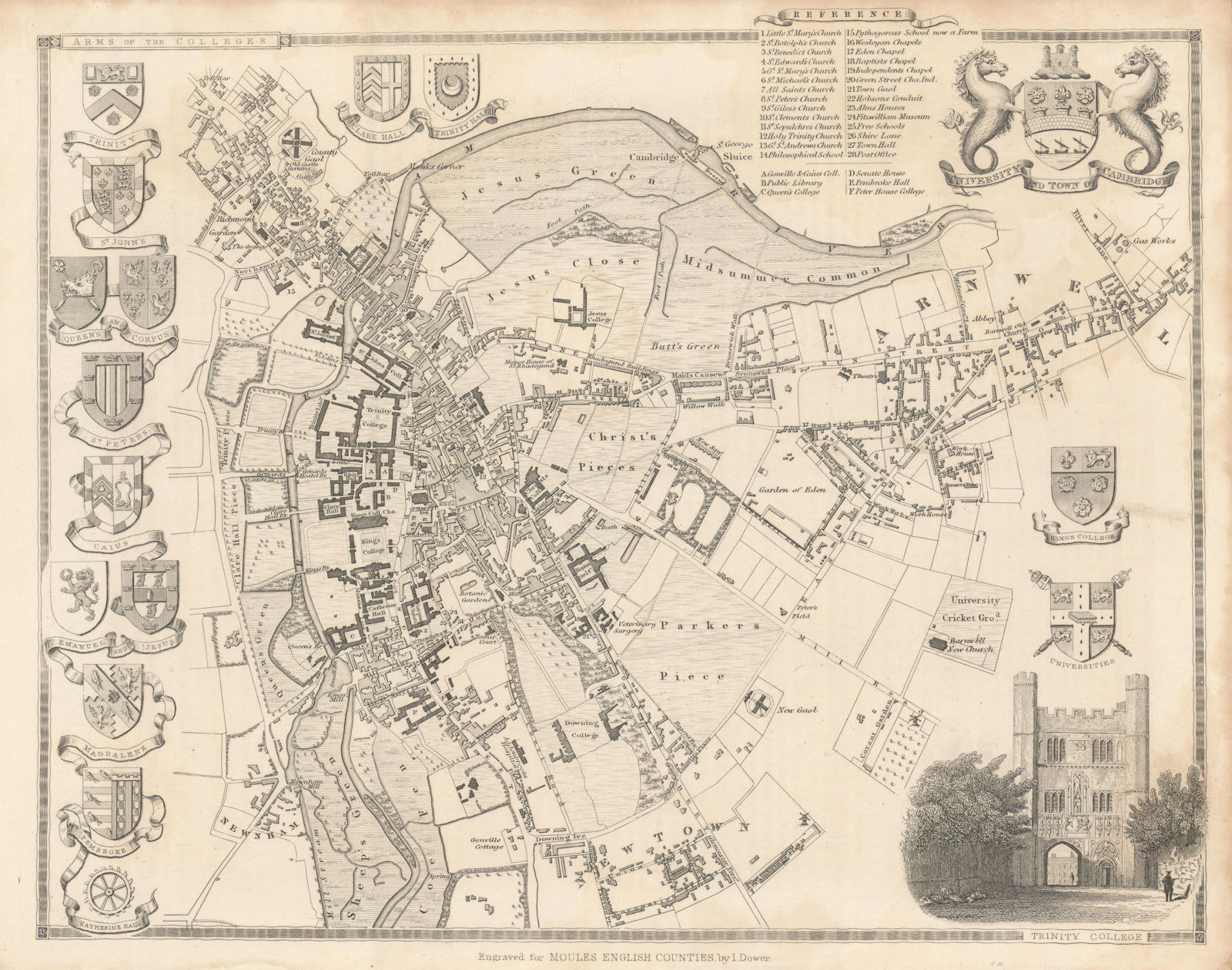 City of Cambridge antique town plan by Thomas Moule 1837 old map chart