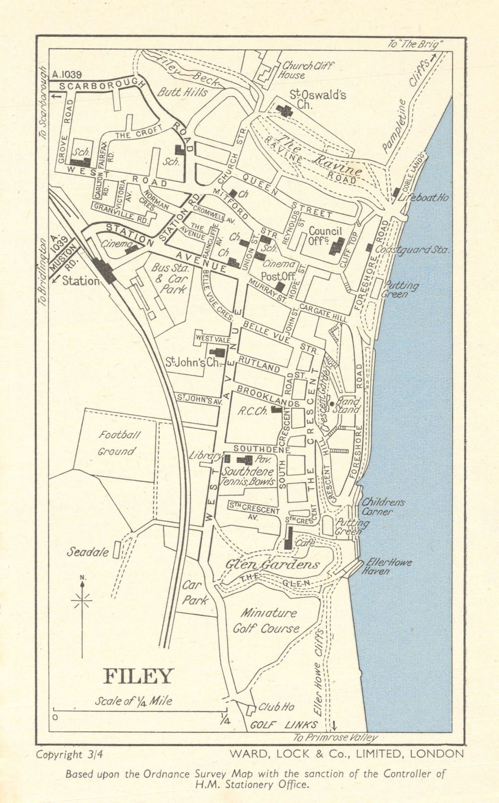 FILEY vintage town/city plan. Yorkshire. WARD LOCK 1950 old vintage map ...