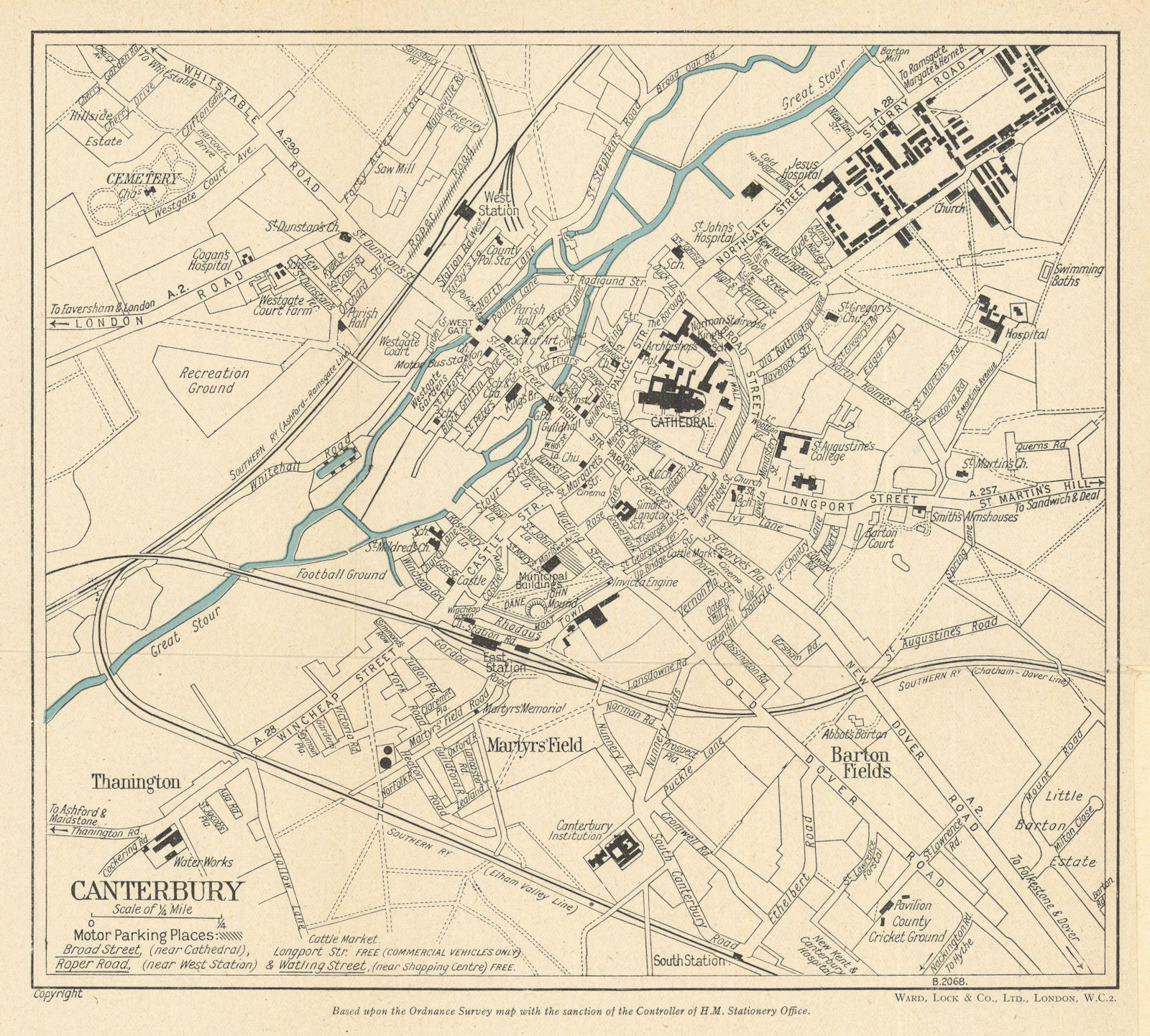 CANTERBURY vintage town/city plan. Kent. WARD LOCK 1954 old vintage map ...
