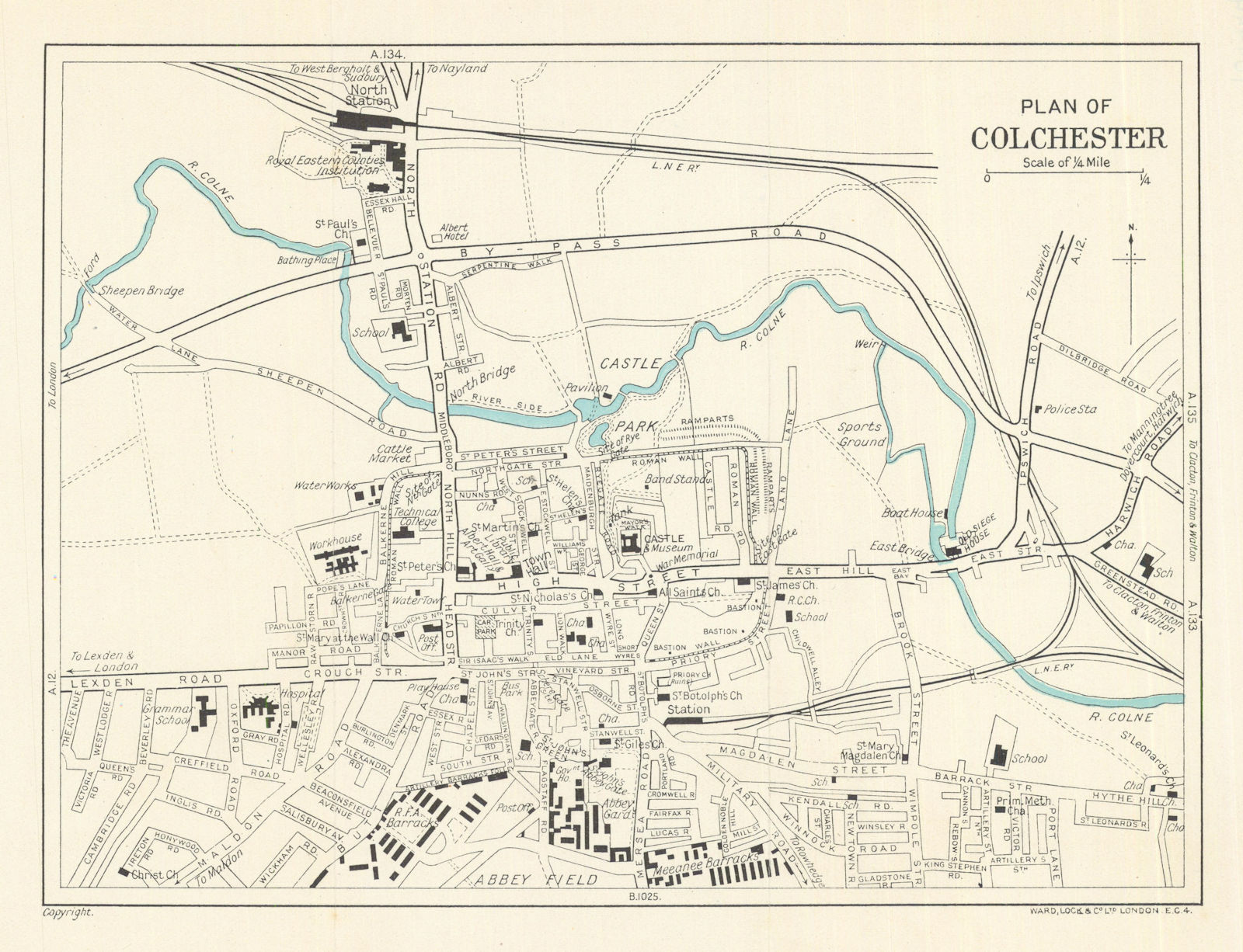 COLCHESTER vintage tourist town city plan. Essex. WARD LOCK 1938 old map