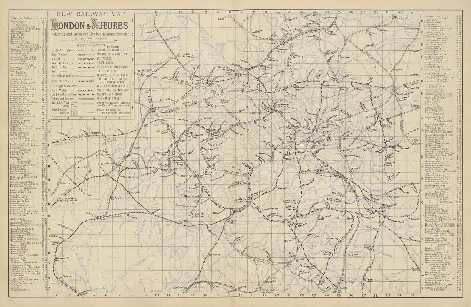 LONDON Rail & Underground Tube map antique map by GW BACON 1885 old