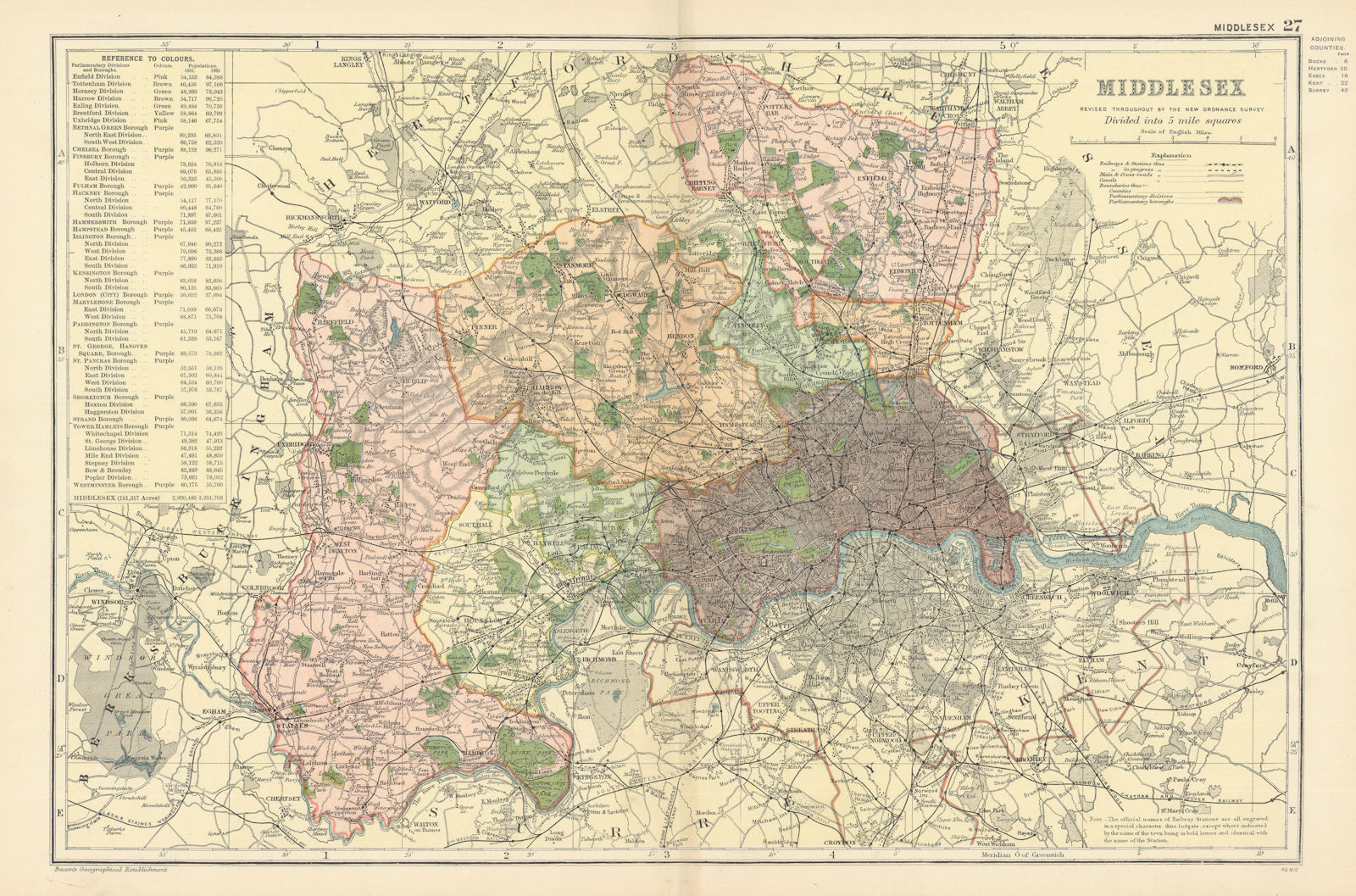 MIDDLESEX antique county map by GW BACON 1898 old plan chart