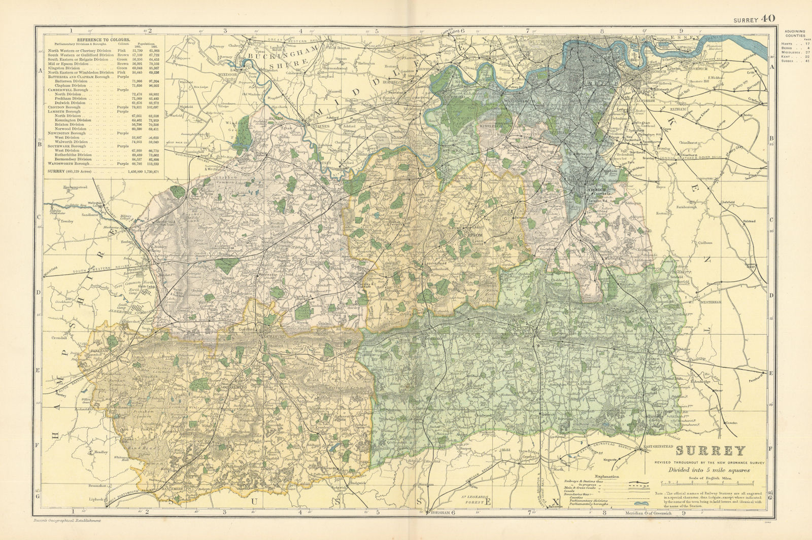 SURREY antique county map by GW BACON 1898 old vintage plan chart