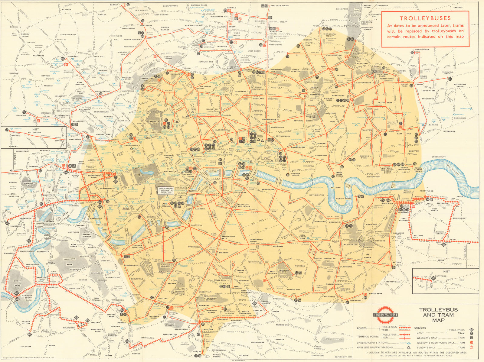 London Transport Trolleybus and Tram Map. L.P.T.B. / Mansfield 1934 (1936)
