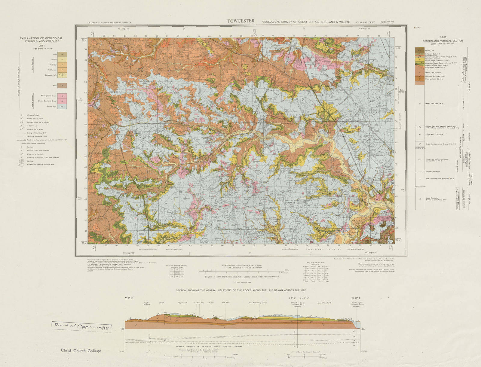 Towcester. Vintage geological survey map. Sheet 202. Northamptonshire 1969
