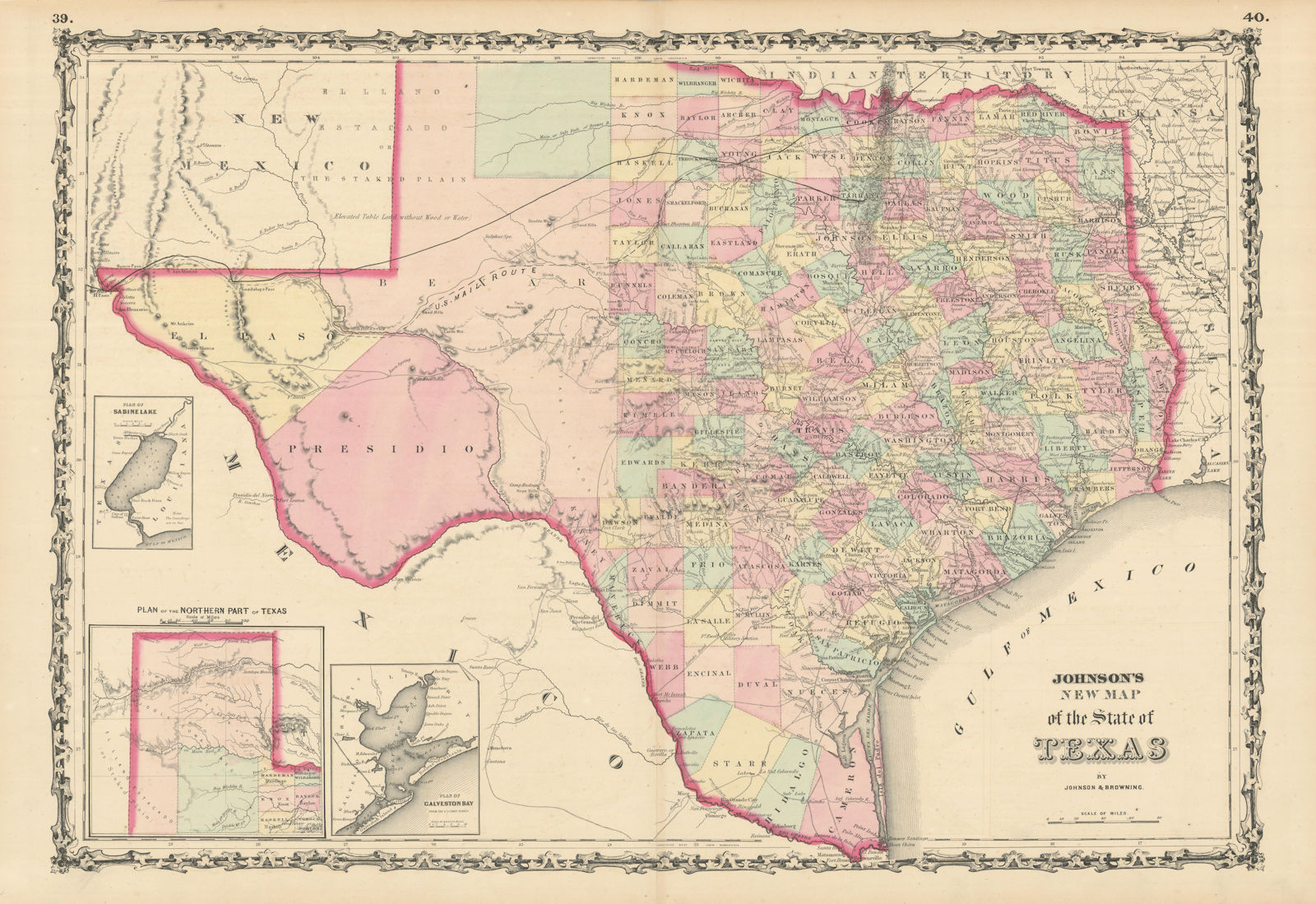 Johnson's New Map of the State of Texas. US state map showing counties 1861